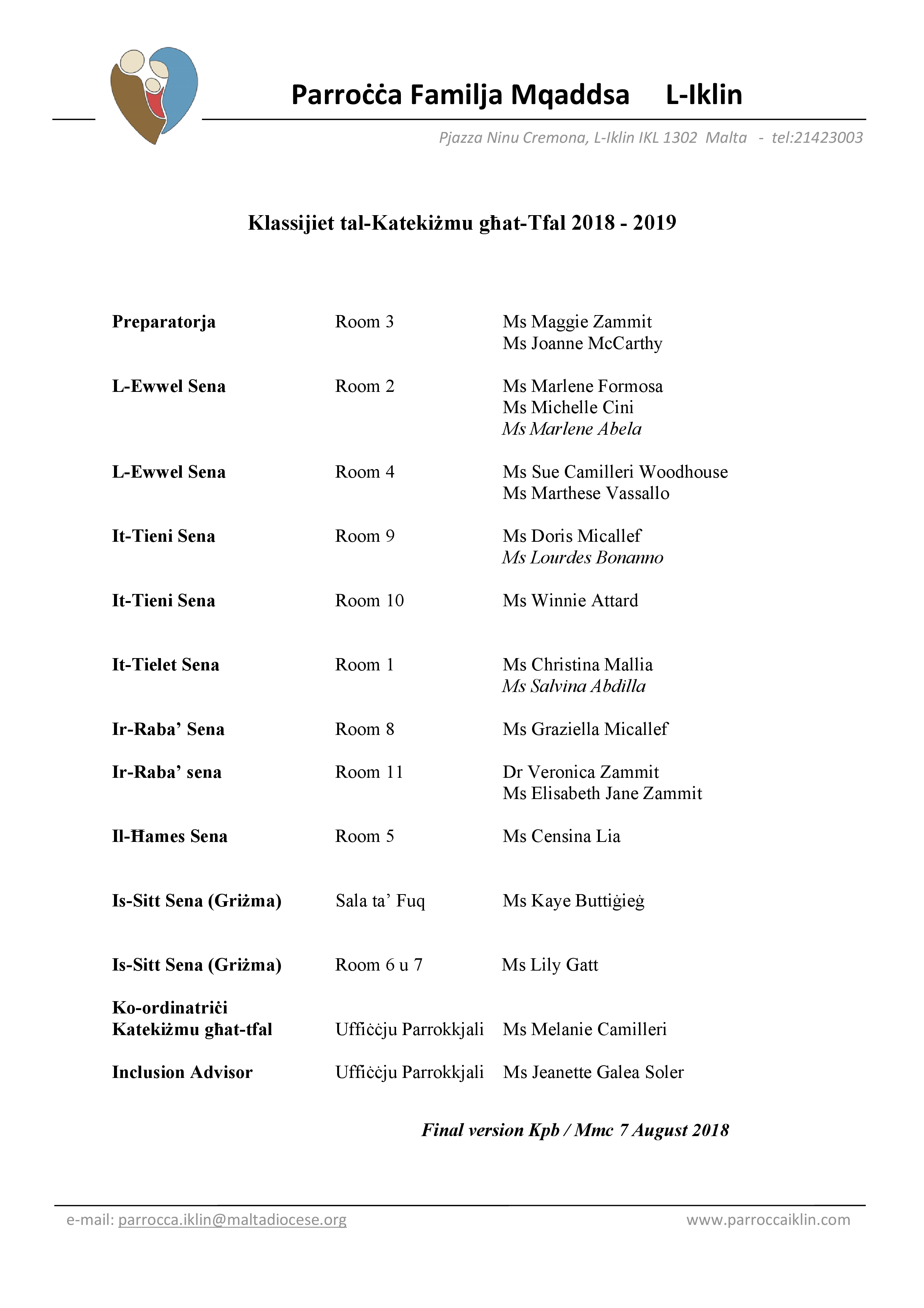 Room Allocation - Parrocca Familja Mqaddsa Iklin